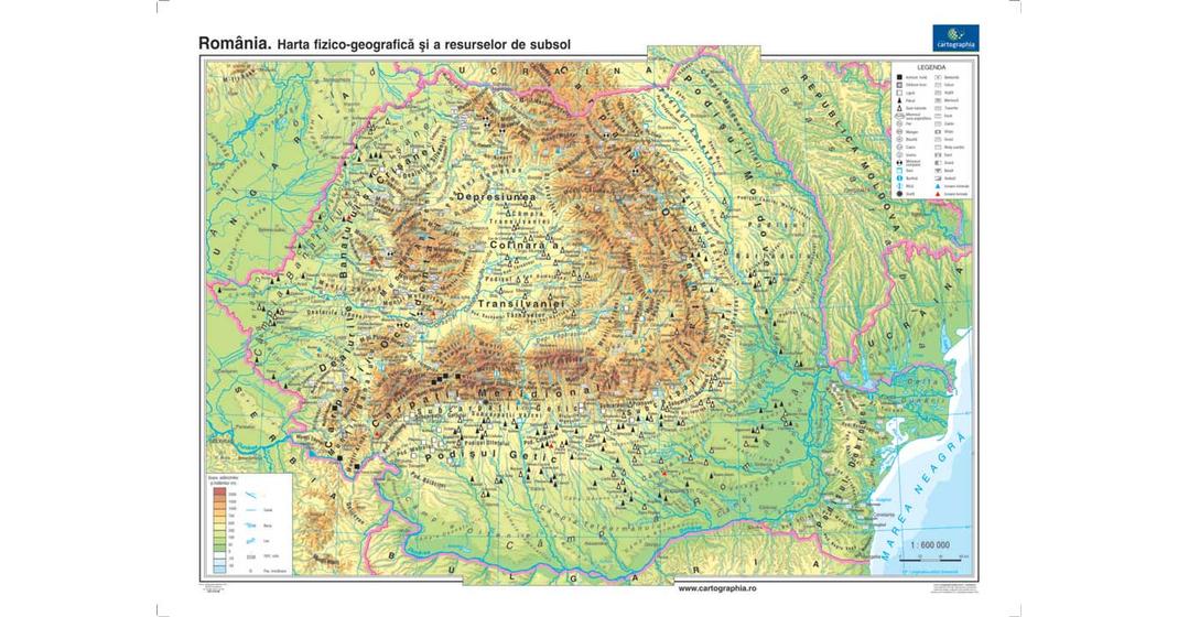Románia. A fizikai-földrajzi térkép és a földalatti természeti ...